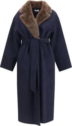 P.A.R.O.S.H. P.a.r.o.s.h. - Manteau en laine avec col en fourrure et ceinture - Femme - Manteaux - Bleu - Taille: 38 FR