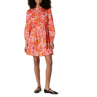 Amazon Essentials Damenkleid aus Baumwollsatin, Normale Passform, gestuft, helles Mohnrot, Blush Multi Folk Floral, Größe S