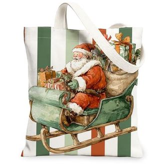 Generic Sac fourre-tout en toile avec motif tra&icirc;neau du P&egrave;re No&euml;l, sacs de courses r&eacute;utilisables, amusants, festifs, l&eacute;gers et lavables en toile pour cadeaux,