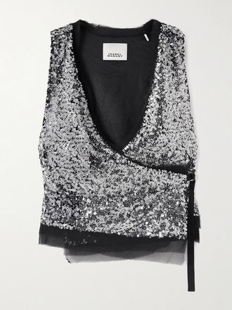 Isabel Marant Haut Cache-coeur En Crêpe À Sequins Et À Finitions En Tulle Tahina - Argenté