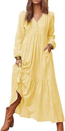 Minetom Robe Longue Femme Manches Longues Grande Taille Robe Maxi de Soirée Col V Casual A-Ligne avec Poches Hiver Printemps Dress Jaune 44