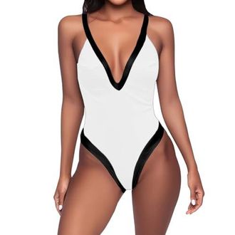 Generic Maillot de bain une pi&egrave;ce pour femme - Push Up - Grande taille - Monokini dos nu - Contr&ocirc;le du ventre - Couleur unie - Maillot de bain de vacances - V