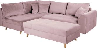 Norrwood home24 Ecksofa Meyford Pink Samt Ravi 230 x 85 x 160cm Ottomane davorstehend links mit Hocker Skandi