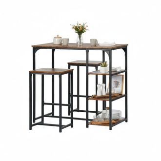 Furniture R FurnitureR 3-teiliges Bar-Esszimmer-Set, Industrietisch mit Ablagefl&auml;chen und 2 Hockern, schwarzer Metallrahmen mit MDF-Platte, Braun