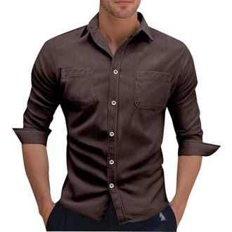 Generic Chemise boutonn&eacute;e en velours c&ocirc;tel&eacute; &agrave; manches longues pour homme - Veste de camionneur en coton avec poches - Coupe r&eacute;guli&egrave;re - D&eacute;contract&eacute;e - Solide 