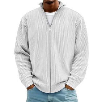 Generic Pull à col rond pour homme, chemise côtelée texturée, col montant, fermeture éclair, veste ample, mode automne, manches longues, sweat-shirt décontrac
