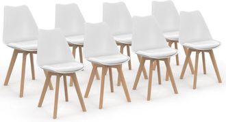 IDMarket Idmarket - Lot de 8 chaises scandinaves blanches - Dossier en polypropyl&egrave;ne - Pieds en bois - Dimensions 46x51x79,5cm - Confort dassise rembourr&eacute;
