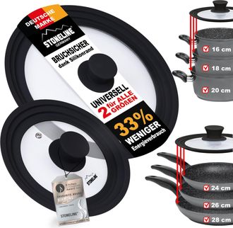 STONELINE 3 in 1 Universaldeckel für Töpfe und Pfannen mit 24/26/28 cm Universal Glasdeckel mit abgestuftem Silikonrand Platinsilikon, hitzebeständig platzspare