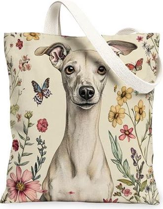 Generic Sac fourre-tout en toile motif chien Whippet de printemps 33 x 38,1 cm, sac d&eacute;picerie r&eacute;utilisable en tissu &agrave; bandouli&egrave;re pour femme, peinture danimau
