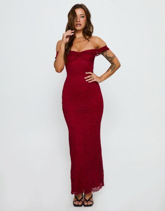 Princess Polly Anabeila - Robe longue en dentelle &agrave; encolure Bardot torsad&eacute;e devant - Rouge
