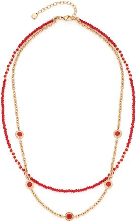 Leonardo Halskette Florena - doppelreihige Kette aus goldfarbenem Edelstahl - aufgereihte rote Glassteine und eingesetzte Blüten-Elemente - 42-47 cm Länge - Da