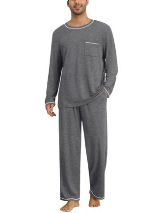 Ekouaer Schlafanzug Herren Lang Zweiteiliger Pyjama Set Winter Loungewear Warm Kariert Hausanzug mit Taschen, Grau XXL