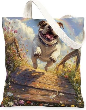 Generic Sac fourre-tout en toile pour le shopping, motif bouledogue printanier, 33 x 38,1 cm, sac d&eacute;picerie r&eacute;utilisable pour femme, motif floral amusant pour