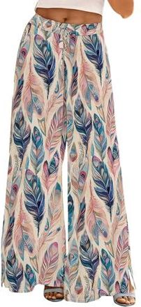 Generic Pantalon palazzo à jambes larges pour femme - Motif floral bohème - Pour lété 2025 - Pantalon fluide et décontracté pour les vacances et la plage, ros