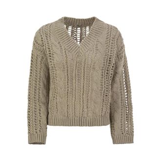 Brunello Cucinelli Femme, Pulls, Beige, Taille: 38 FR Jersey Col V en Maille et C&acirc;ble