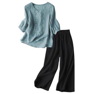 Generic Ensemble de v&ecirc;tements de sport deux pi&egrave;ces pour femme avec pantalon large et haut court &agrave; manches longues - Ensemble assorti de v&ecirc;tements de voyage po