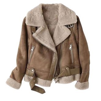 Generic Veste de moto courte en cuir de mouton synthétique pour femme - Automne et hiver - Manteau épais et chaud en daim dagneau, marron, XS