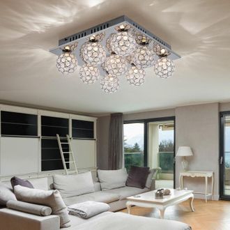 ETC Shop Plafonnier plafonnier carré chrome 9 flammes boules de cristal acrylique lampe lumineuse