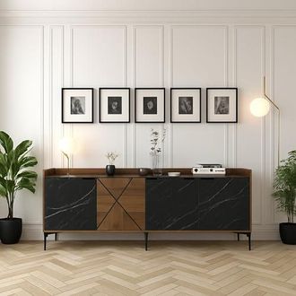 Dmora Kommode Erythros, Wohnzimmerbuffet, Wohnzimmer-Sideboard, Moderne K&uuml;chen-Speisekammer, 180x35 h79 cm, Walnuss und Schwarz