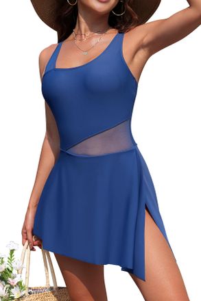 SHEKINI Einteiliger Badeanzug f&uuml;r Damen Elegant Bauchweg Badeanzugkleid mit Split Seitlicher Knoten Schwimmanzug Mesh Badekleid Bademode Sommer Swimsuit