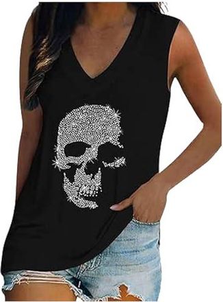 Generic 2026 Strass Cr&acirc;ne D&eacute;bardeur pour Femmes Mode Cr&acirc;ne Punk Rock Col Rond Haut sans Manches