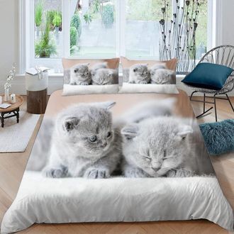 Generic Katze Bettw&auml;sche 200x220 S&uuml;&szlig;e Katze Bettw&auml;sche Set, 3D Bettbezug Set Weich Microfaser Bettbez&uuml;ge 3 Teilig Tiere Wendebettw&auml;sche f&uuml;r Doppelbett, mit 2 