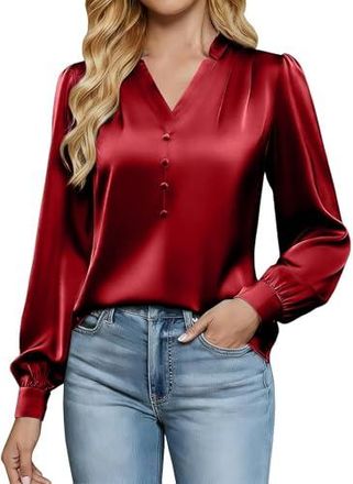 Generic Chemisier &agrave; manches longues pour femme grande taille - Chemisier en satin pour femme - Chemisier habill&eacute; &eacute;l&eacute;gant &agrave; col en V - Chemise fine et l&eacute;g&egrave;re -