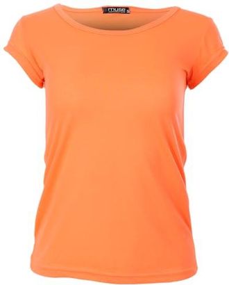 Easy Young Fashion T-shirt basique &agrave; col rond pour femme - Sous-pull &agrave; manches courtes coupe skinny 1001, orange fluo, M