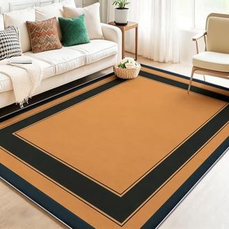 Generic Tapis &agrave; Motif Bordures Rectangulaires Minimalistes Grand Antid&eacute;rapant &agrave; Poils Courts Doux Chambre Poil Ras de Sol Noir Marron, 160 x 230 cm