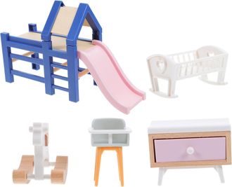 Cabilock Miniaturmöbel Für Puppenhäuser Im Maßstab Inklusive Bett Rutsche Schaukelpferd Und Hocker Babybettspielzeug Für Schlafzimmerset Miniaturhausmöbel