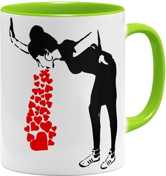 OM3 Banksy Kaffee-Tasse mit Love Sick Girl - Liebeskummer Streetart Love - Keramik Becher - 325ml - Beidseitig Bedruckt - Hellgr&uuml;n