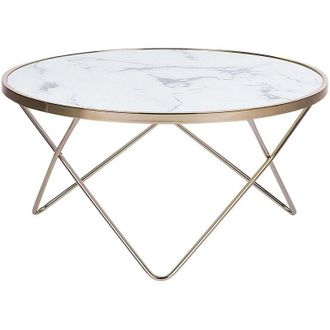 Beliani Beliani - Table Basse Ronde avec Plateau en Verre Imitation Marbre Blanc et Structure en Métal Doré pour Salon Moderne et Glamour
