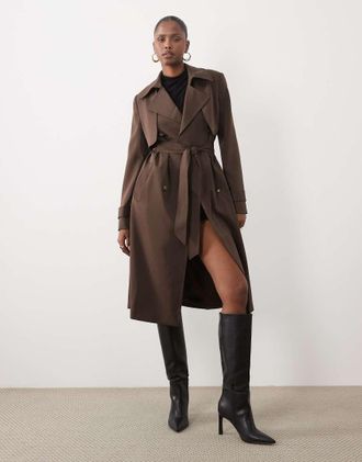 Forever New trench-coat long ceintur&eacute; boutonn&eacute; chocolat-Marron
