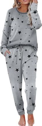 Ekouaer Pyjama Femme Long Ensemble Pyjama Col Rond Pyjama dhiver Pyjama Doux Ensemble De Détente Deux Pièces Costume De Maison Vêtements De Nuit,Gris-Noir,L