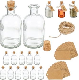 Relaxdays Dekogläser 16er Set, Glasflaschen mit Korken, 125 ml, Gewürzgläser zum Befüllen mit Deko, transparent/Natur