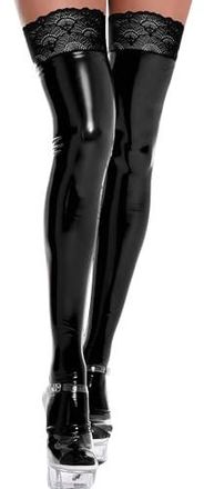 Feoya Dentelle Haut PU Cuir Bas Autofixants Femmes Grande Taille Bas Autofixant Femme Sexy Lingerie Clubwear Cosplay Sous-v&ecirc;tements Noir XXL