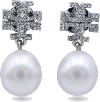 Tory Burch Femme, Accessoires, Gris, Taille: ONE Size Kira Pave Pearl Drop Earrings