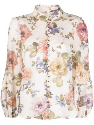 Zimmermann Florale Bluse mit Puffärmeln - Nude