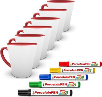 Tassendruck Bastel-Tassen ohne Druck zum Bemalen aus Hochwertiger Keramik Einzeln oder im Set/Mug/Cup/Becher/Pott Konische Tasse Innen & Henkel Rot 6er Set mit Po