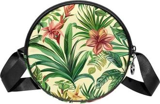 Generic Petit sac &agrave; bandouli&egrave;re rond pour femme, motif plantes tropicales, sac &agrave; dos avec fermeture &eacute;clair, bretelles r&eacute;glables, sac &agrave; main rond d&eacute;contract&eacute; p