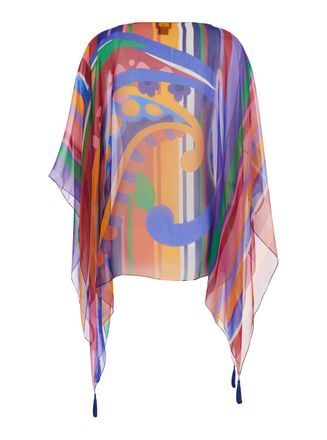 Etro Womens Cape With Multicolour Print, Silk Tassels Coat