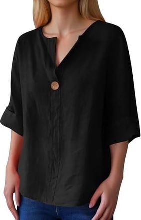 Generic T-Shirt Lin Femme D&eacute;contract&eacute; Large Col V &agrave; Manches 3/4 Chemisier &eacute;l&eacute;gant Henley Couleur Uni Tee Shirt &eacute;t&eacute; Haut Top Respirant T-Shirts Grande Taille C