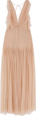 Elisabetta Franchi Femme, Robes, Beige, Taille: 42 FR Robe Maxi &agrave; Volants et Col en V