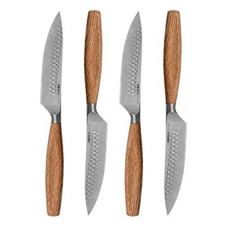 Boska Lot de Couteaux &agrave; steak Oslo+ - 4 Pi&egrave;ces - Acier inoxydable - Pour la viande (v&eacute;g&eacute;tarienne) - Antiadh&eacute;sif - Bois de ch&ecirc;ne europ&eacute;en