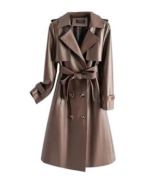 Generic Manteau Trench Femme Automne Hiver Cuir Peau de Mouton - Classique Revers Long Loose Oversize Veste avec Ceinture, caf&eacute;, S