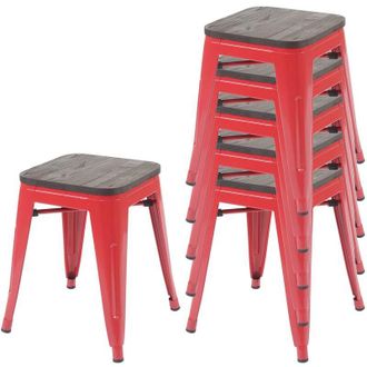 Hhg 6er-Set Hocker 771 inkl. Holz-Sitzfl&auml;che, Metallhocker Sitzhocker, Metall Industriedesign stapelbar rot