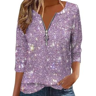 Generico Chemise &eacute;l&eacute;gante pour femme avec paillettes brillantes - Col rond avec fermeture &eacute;clair - Haut pour femme - Pour f&ecirc;te, printemps, vacances, f&ecirc;te, d&eacute;co