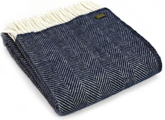 Tweedmill Überwurf/Decke mit Fischgrätenmuster, reine Schurwolle, Blau / Marineblau / cremefarben