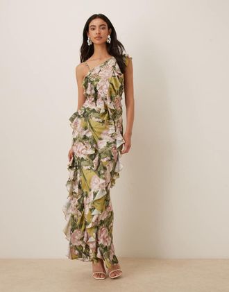 Asos Verziertes, asymmetrisches Satin-Maxikleid in Gr&uuml;n mit One-Shoulder-Tr&auml;ger, R&uuml;schen und Blumenmuster-Bunt