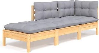 vidaXL Bois de Pin Massif Salon de Jardin 3 pcs avec Coussins Mobilier de Patio Meubles dExtérieur Mobilier de Jardin Meubles de Terrasse Gris